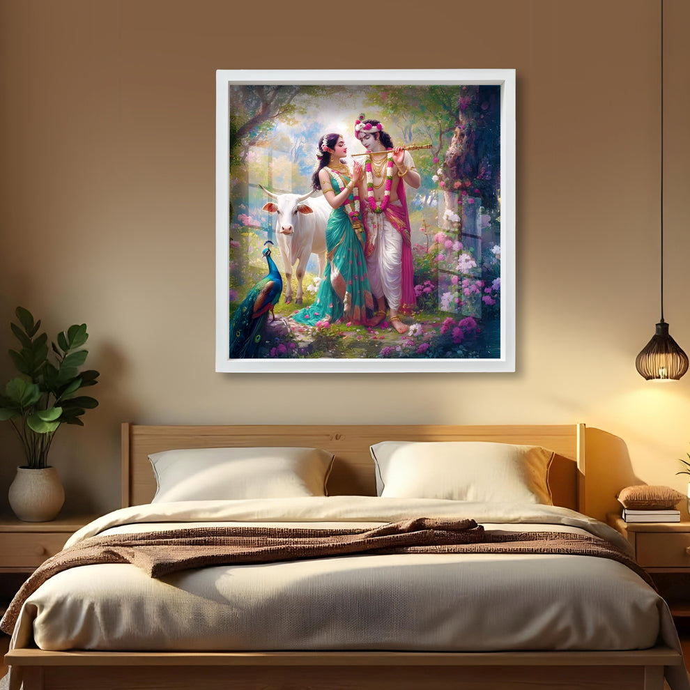Radha Krishna Vrindavan Wall Art | Spiritual Acrylic Painting with Whi ...
